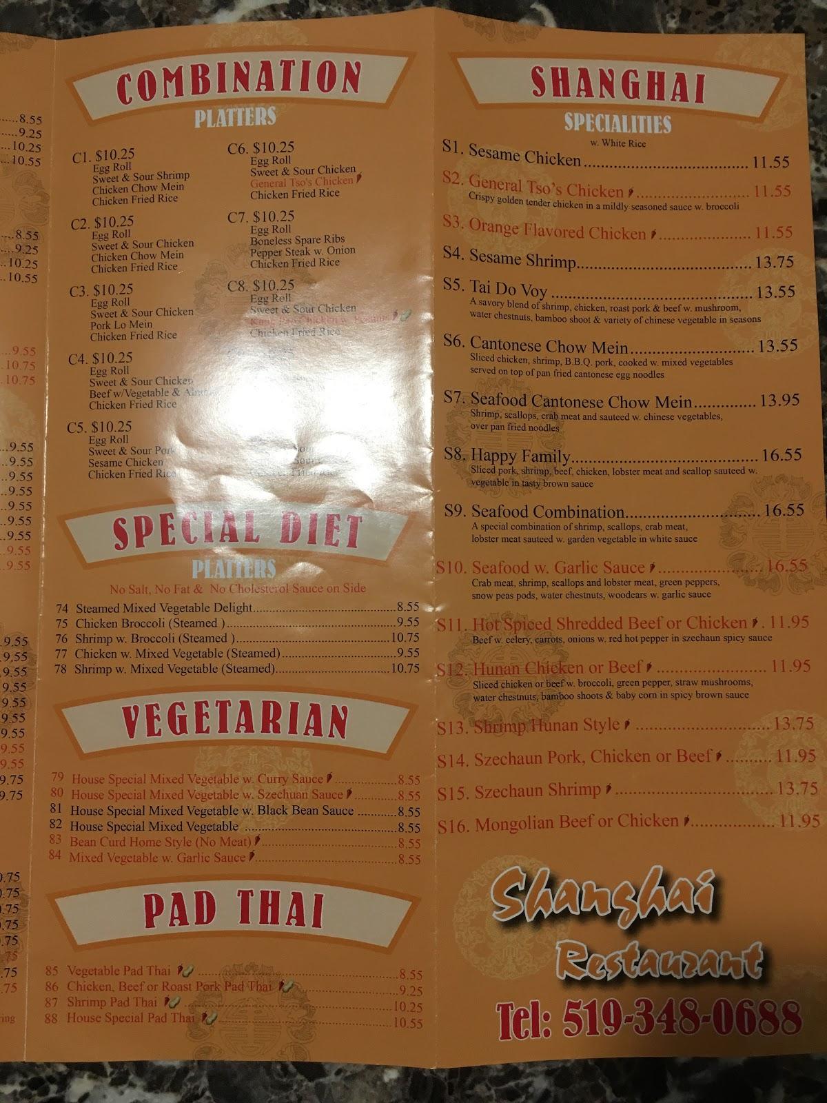 Menu at Shanghai Restaurant, Mitchell