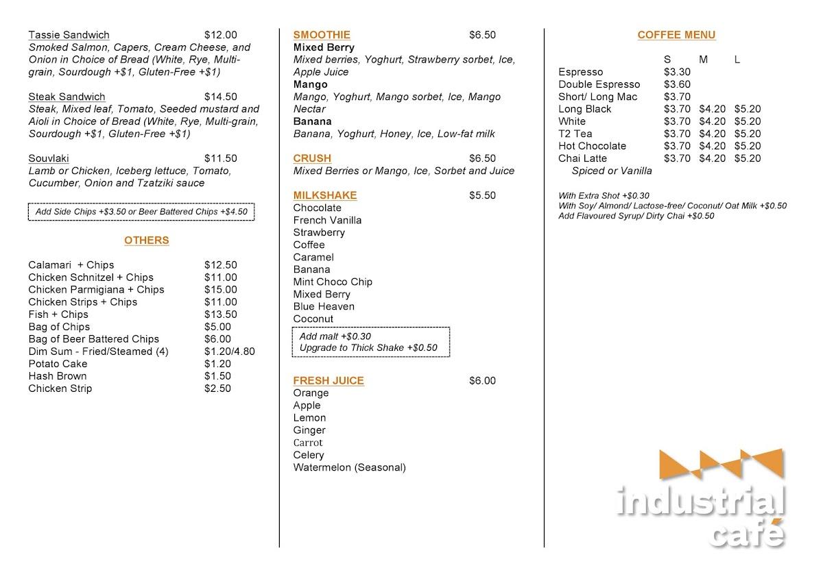 Menu at The Industrial Cafe, Cremorne