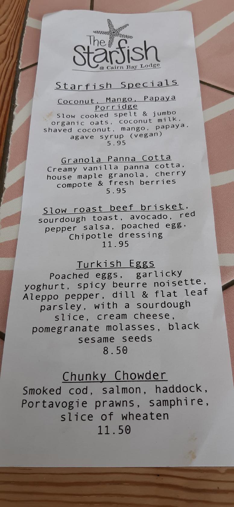 Menu at The Starfish cafe, Bangor