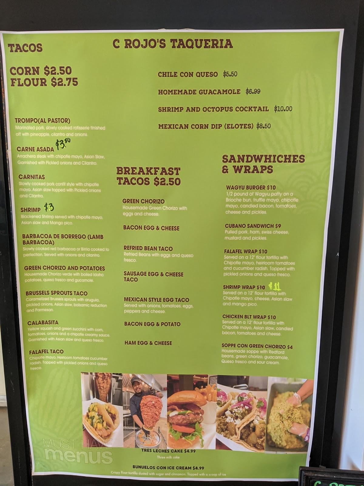 Menu at C Rojo's Taqueria (Gourmet) restaurant, Tyler
