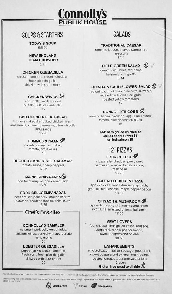 Menu at Connolly's Publik House, Boston, 1 Hotel Dr