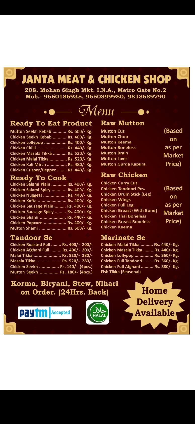 Menu at Janta Meat & Chicken Shop, New Delhi