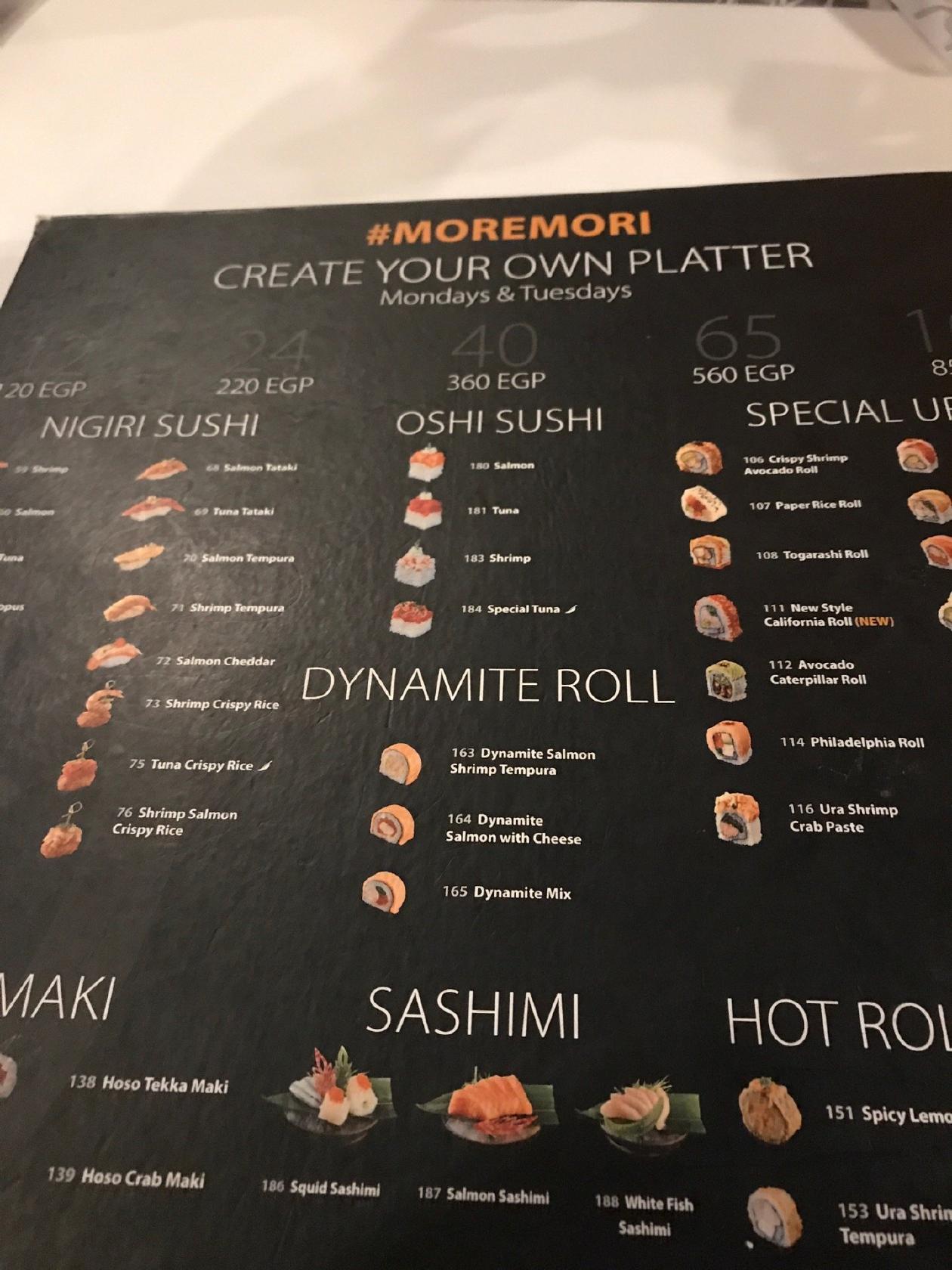 Menu au Mori Sushi Designia Mall restaurant Alexandrie Governorate Designia Mall Designia Mall