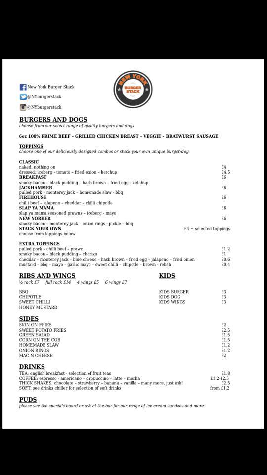 Menu at New York Burger Stack cafe, Blackpool