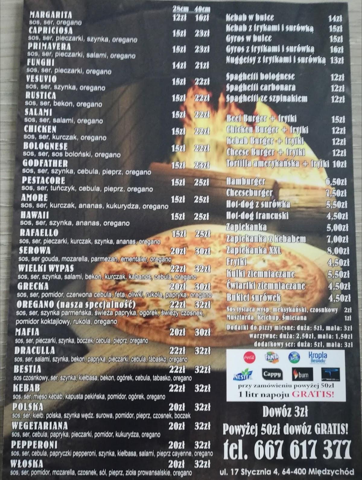 Menu at Pizzeria Oregano, Międzychód