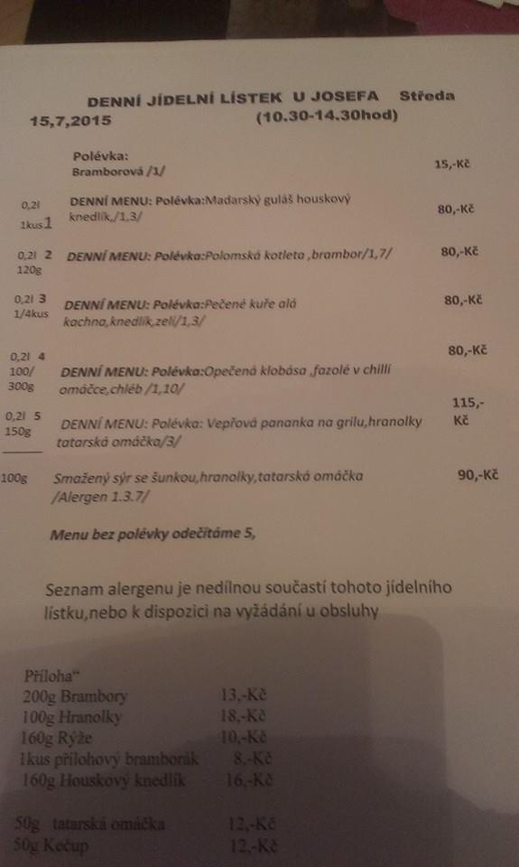 Menu at U Josefa Restaurant, Pardubice