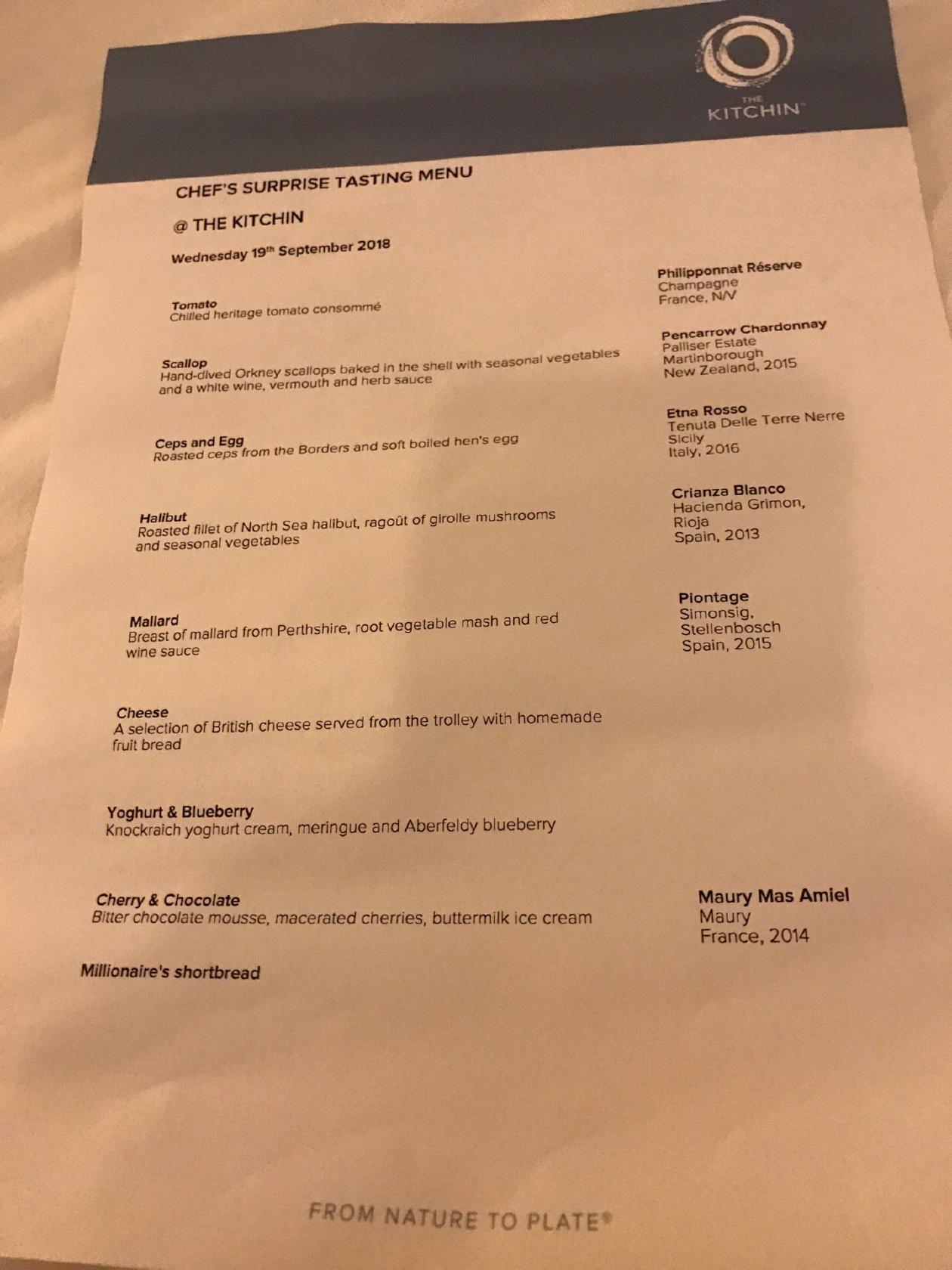 Menu at The Kitchin restaurant, Edinburgh