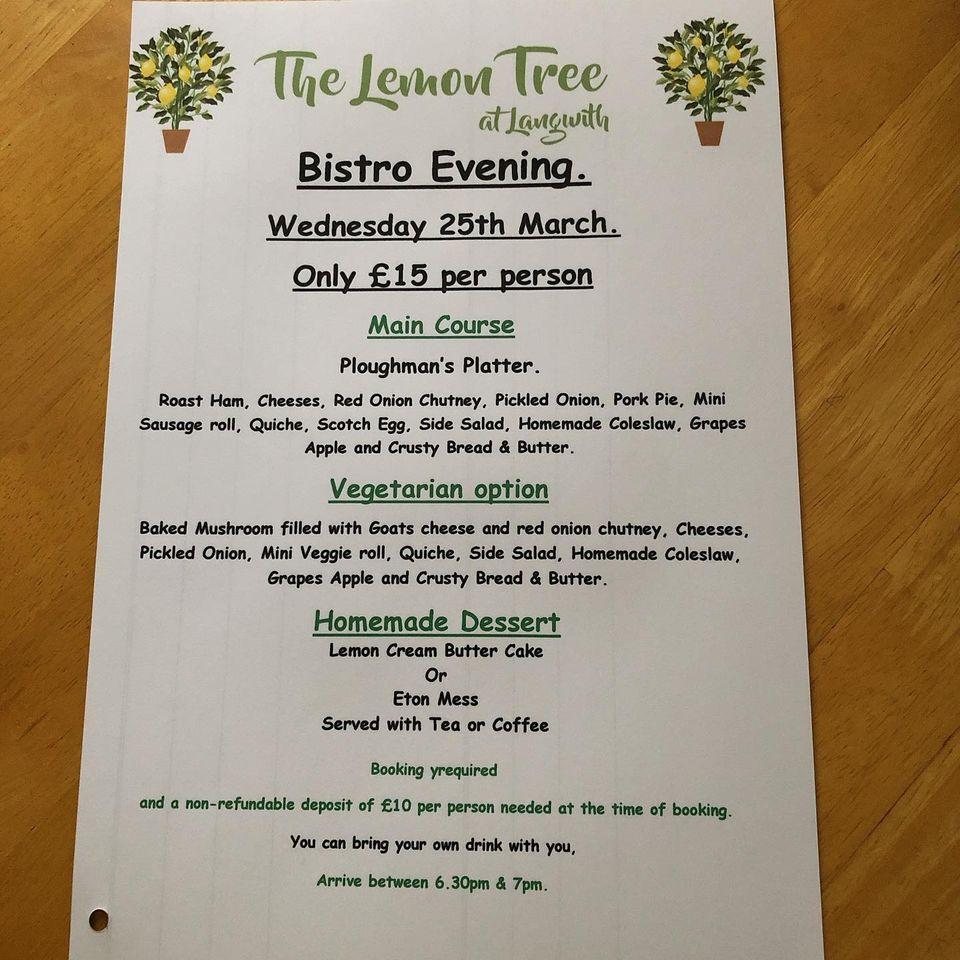 Menu at The Lemon Tree at Langwith cafe, Langwith