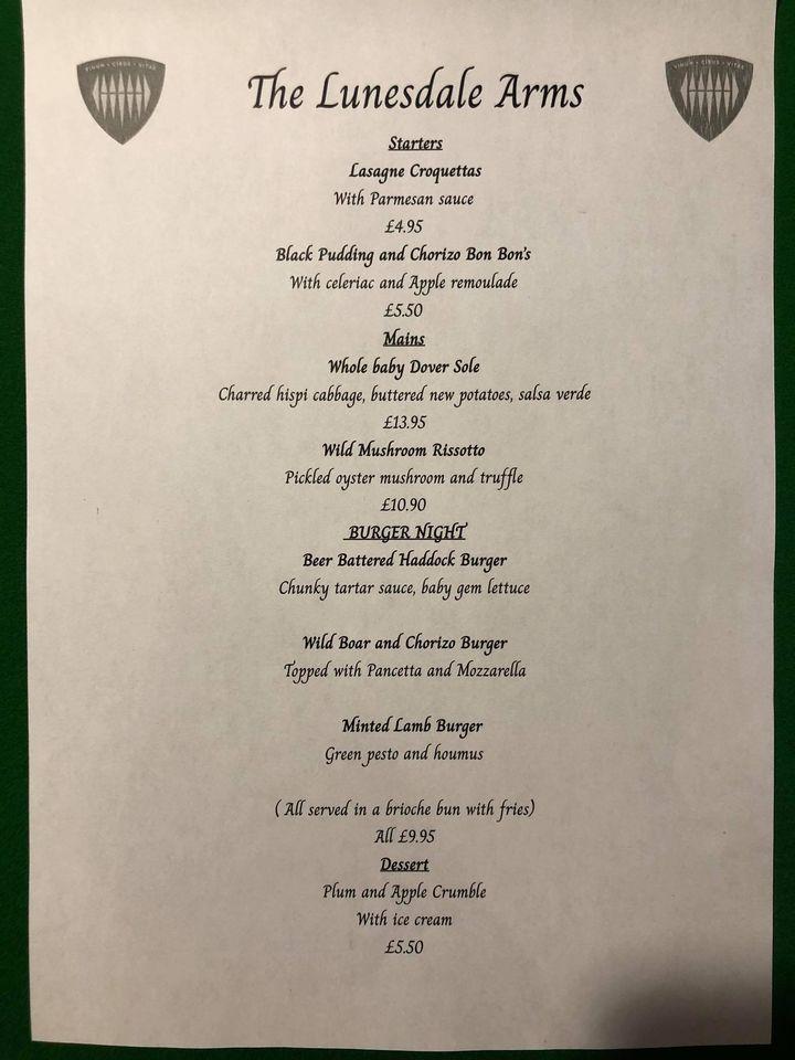 Menu At The Lunesdale Arms Restaurant Tunstall