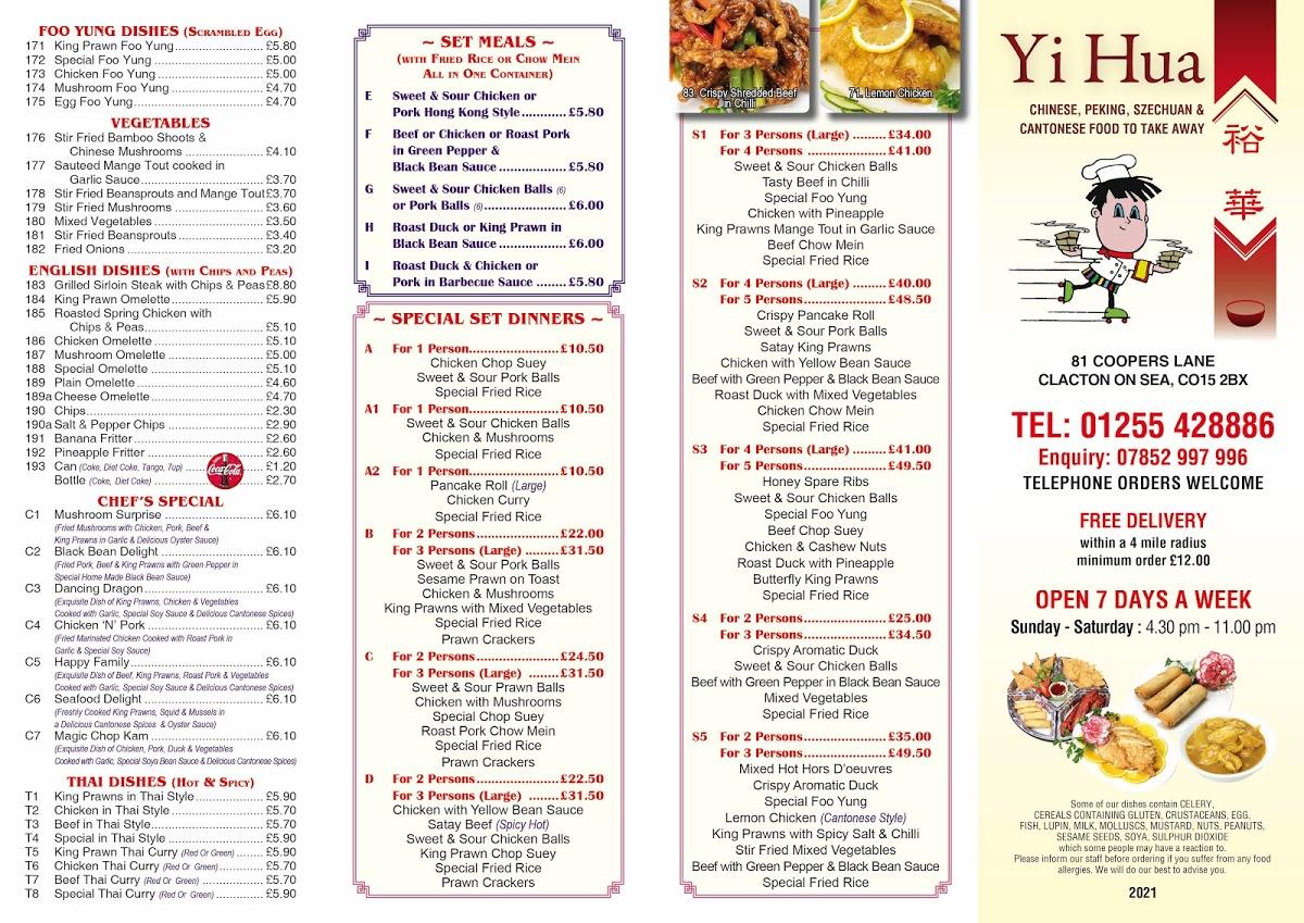 Menu at Yi Hua fast food, Clacton-on-Sea