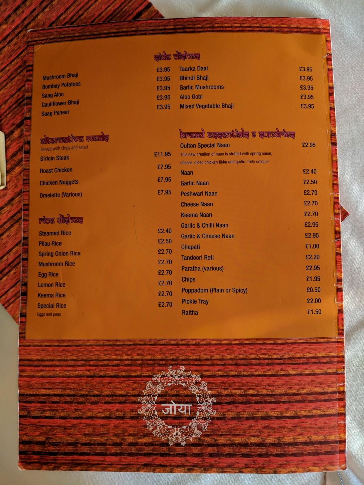Menu at Zoya Oulton restaurant, Leeds, 76 Aberford Rd
