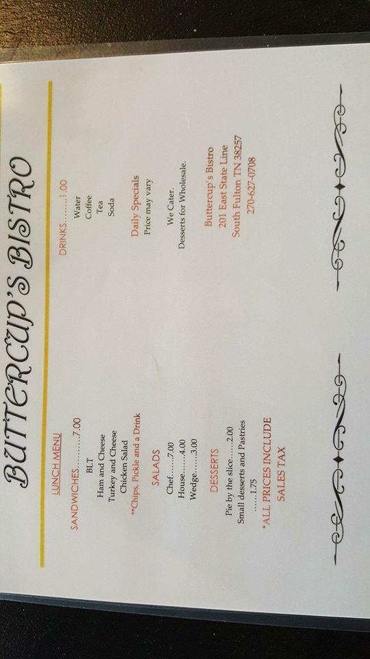 Menu at Buttercup Bistro cafe, Fulton