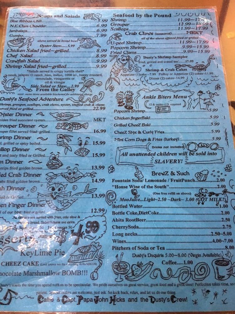 Menu at Dusty's pub & bar, Panama City Beach