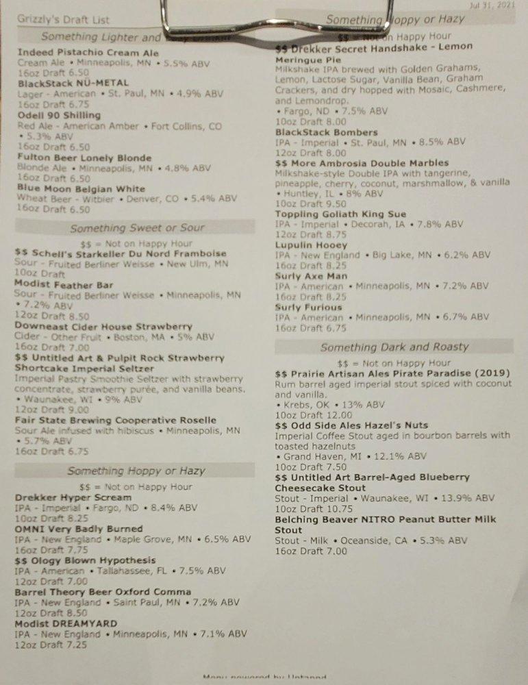 Menu at Grizzly's Wood-Fired Grill restaurant, Plymouth