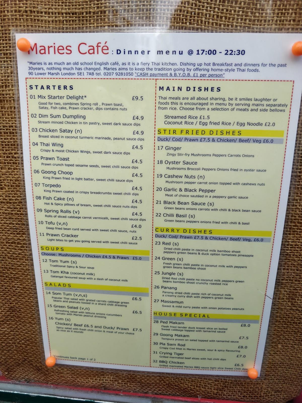 Menu at Maries Cafe, London