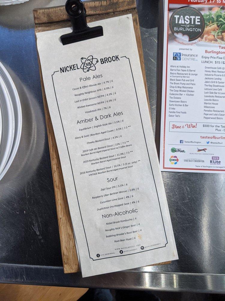 Menu at Nickel Brook Brewery, Burlington