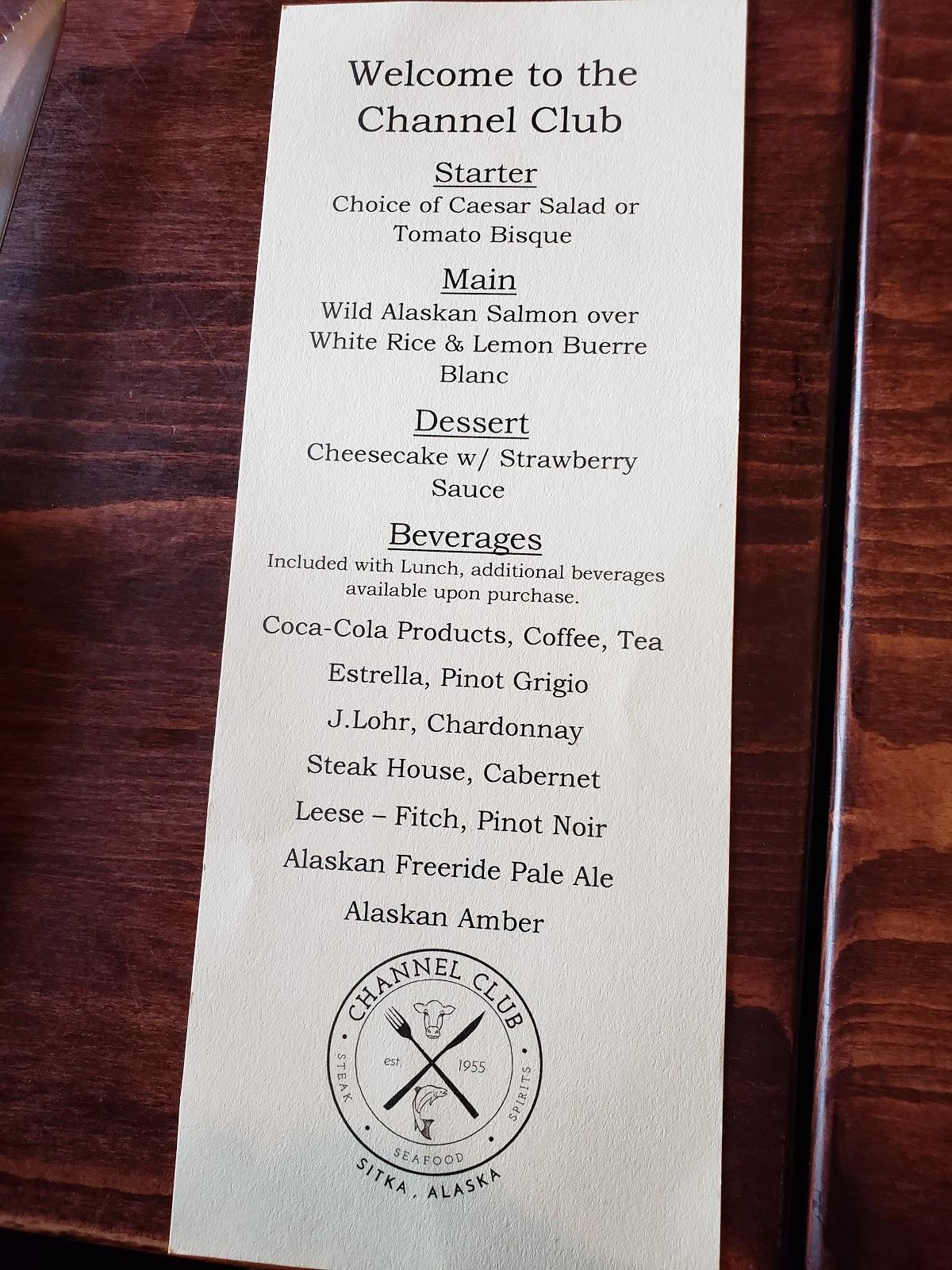 Menu at Channel Club, Sitka