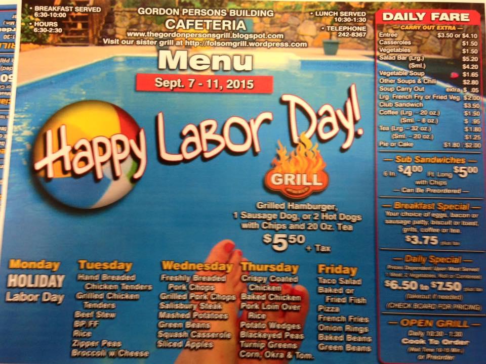 Menu at Gordon Persons Grill cafeteria, Montgomery