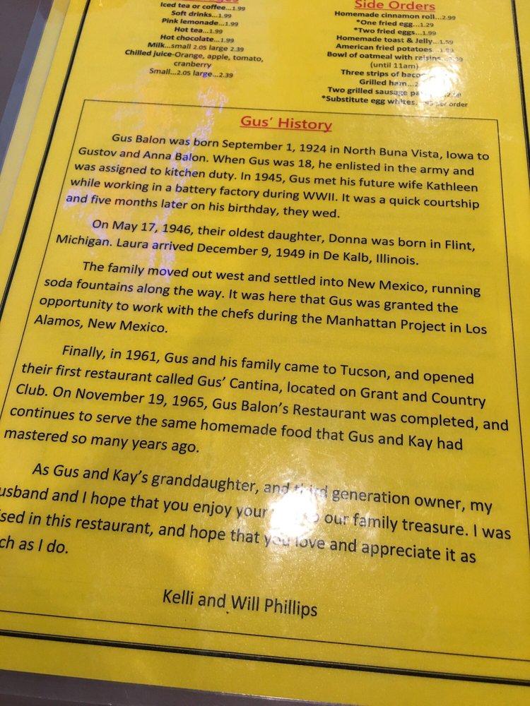 Menu at Gus Balon's Restaurant, Tucson