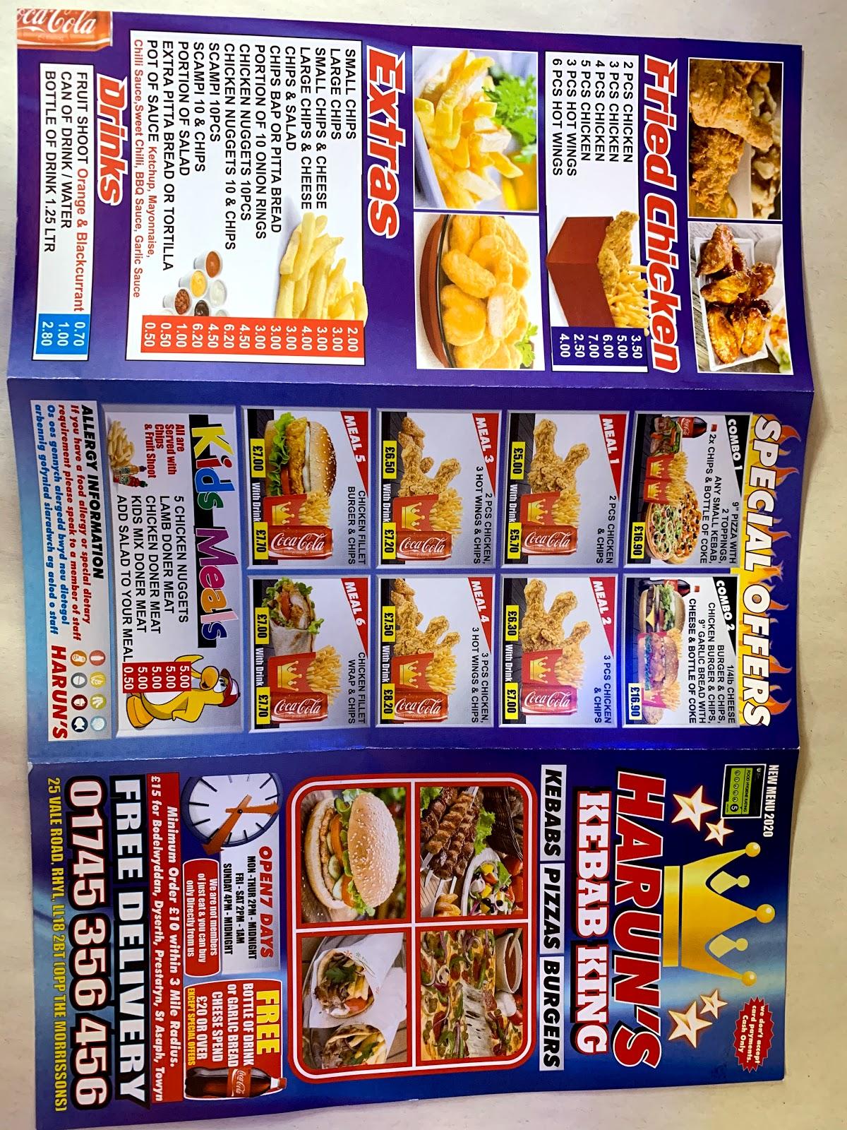 Menu at Harun's Kebab King fast food, Rhyl