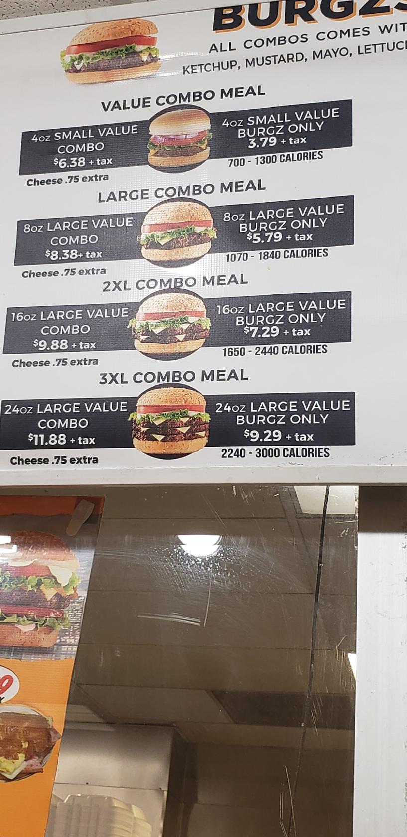 Menu at Motor City Burgzs restaurant, Detroit