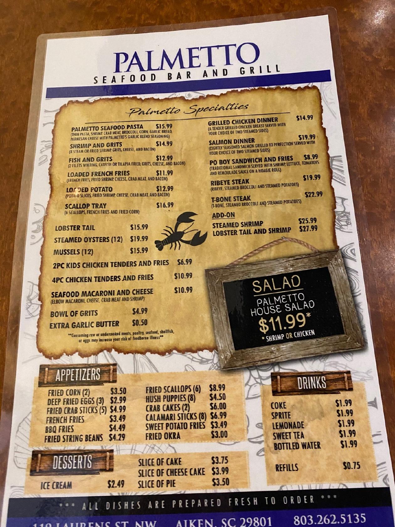 Menu at Palmetto Seafood Bar & Grill, Aiken