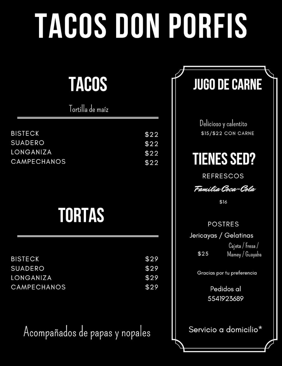 Carta del restaurante Tacos DON PORFIS, Tlalnepantla, Francisco Villa ...
