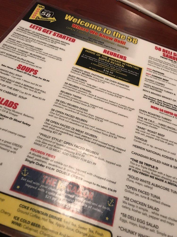Menu at The Route 58 Deli restaurant, Virginia Beach
