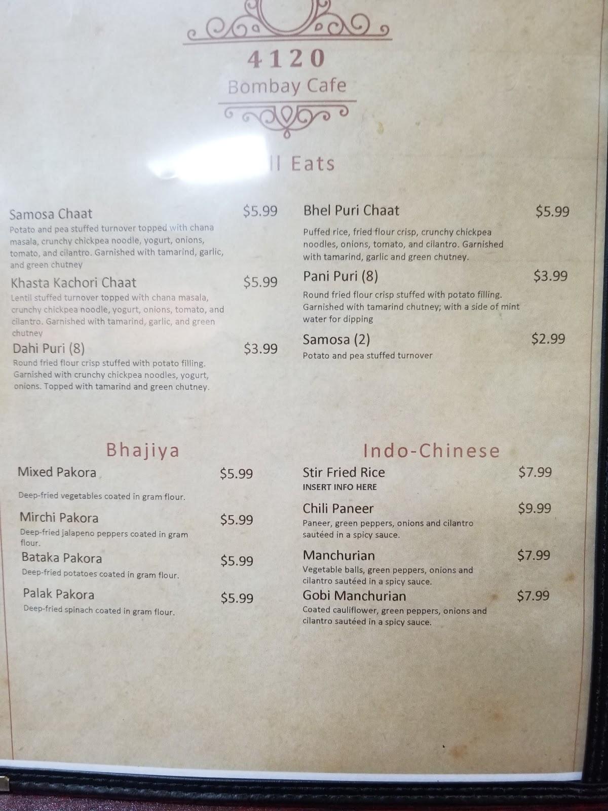 Menu at 4120 Bombay Cafe, Ocala