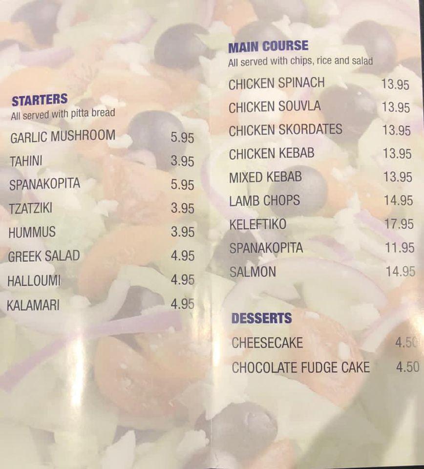 Menu at Greek Taverna restaurant, Liverpool, 256-258 Smithdown Road