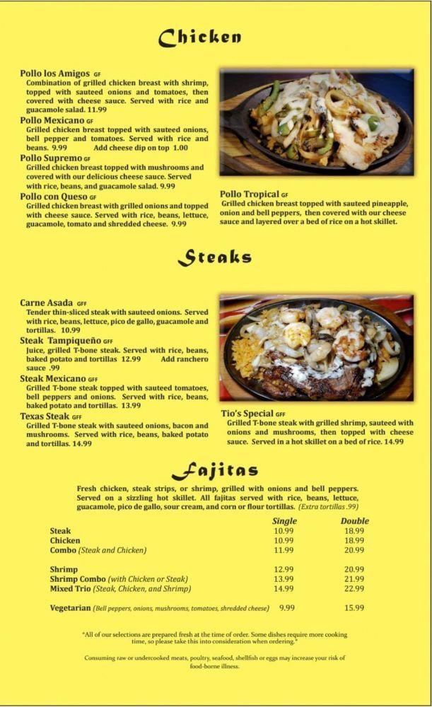 Menu at Los Mexicanos restaurant, Ava