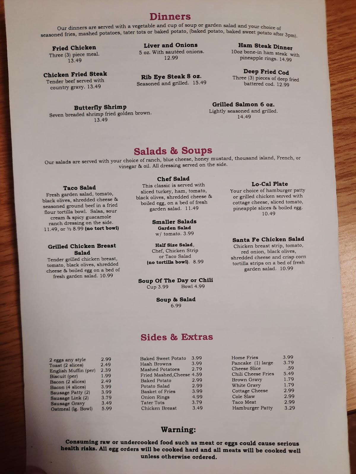 Menu at Mountain Quail Cafe, Quartzsite