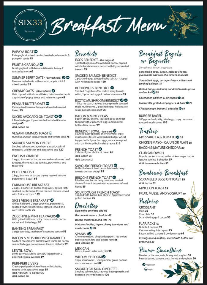 Menu at Six33 restaurant, Midrand
