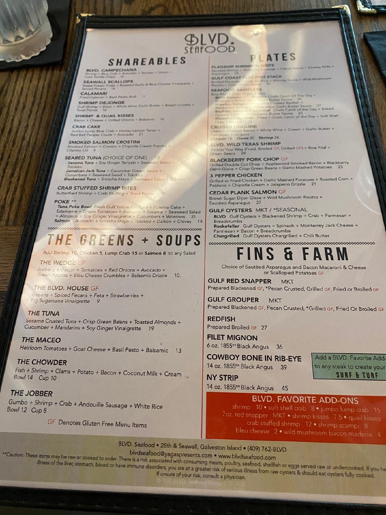 Menu at BLVD Seafood steakhouse, Galveston