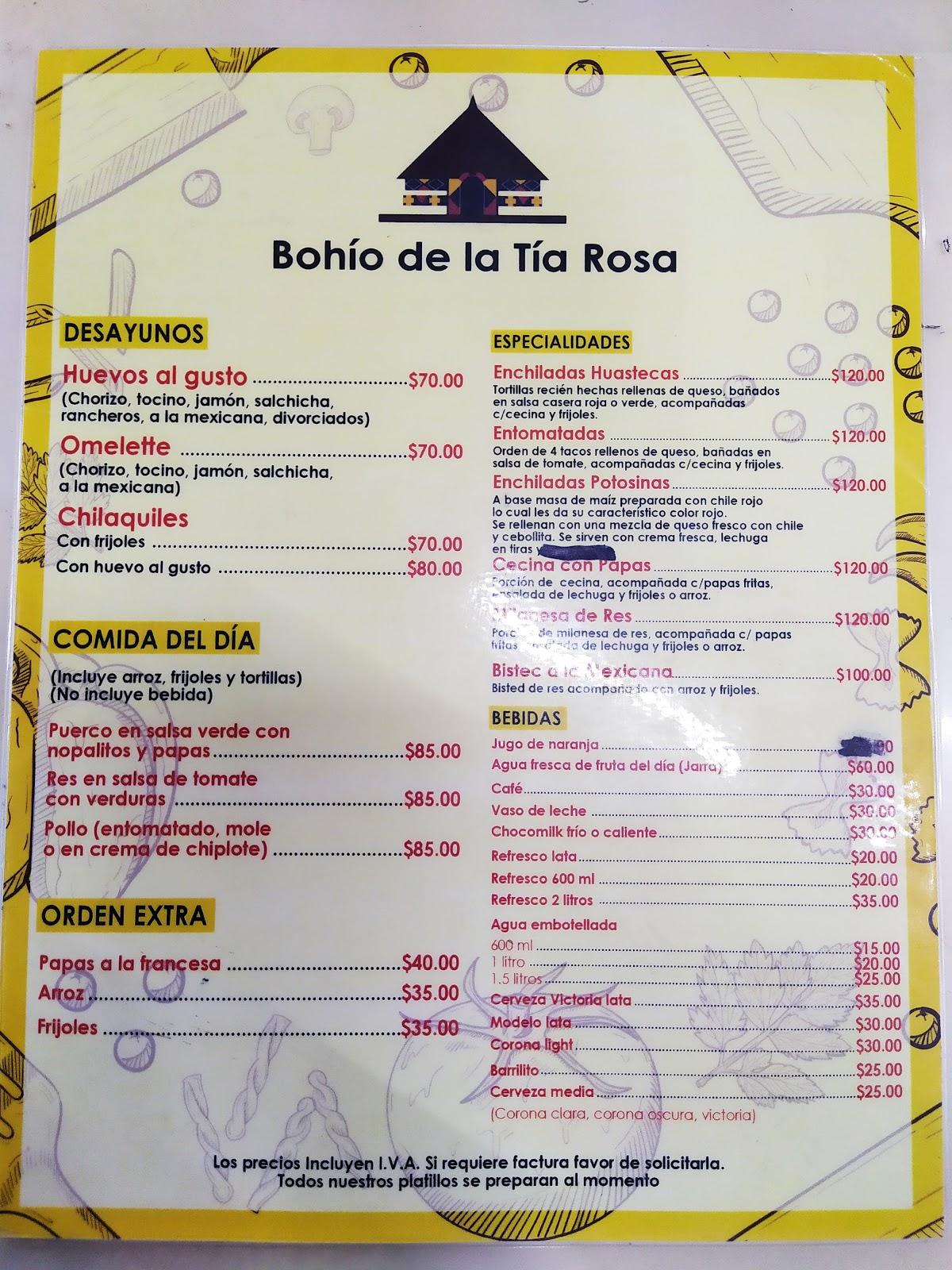 Menu at Bohio Tia Rosa restaurant, Tamasopo