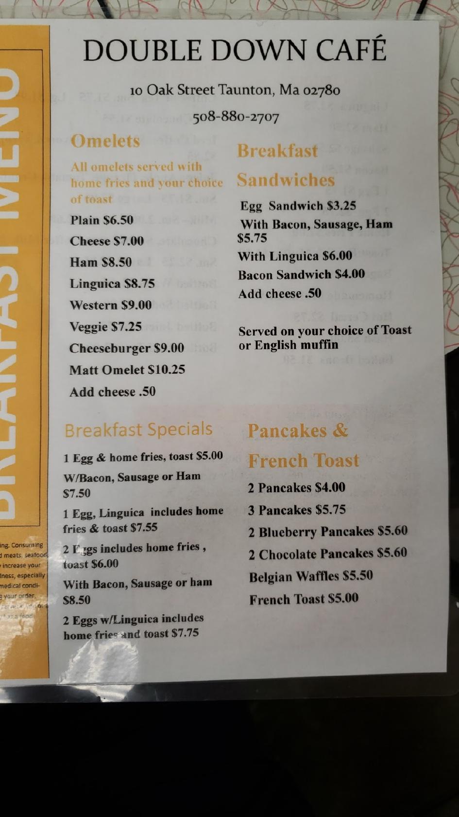 Menu at Double down cafe, Taunton
