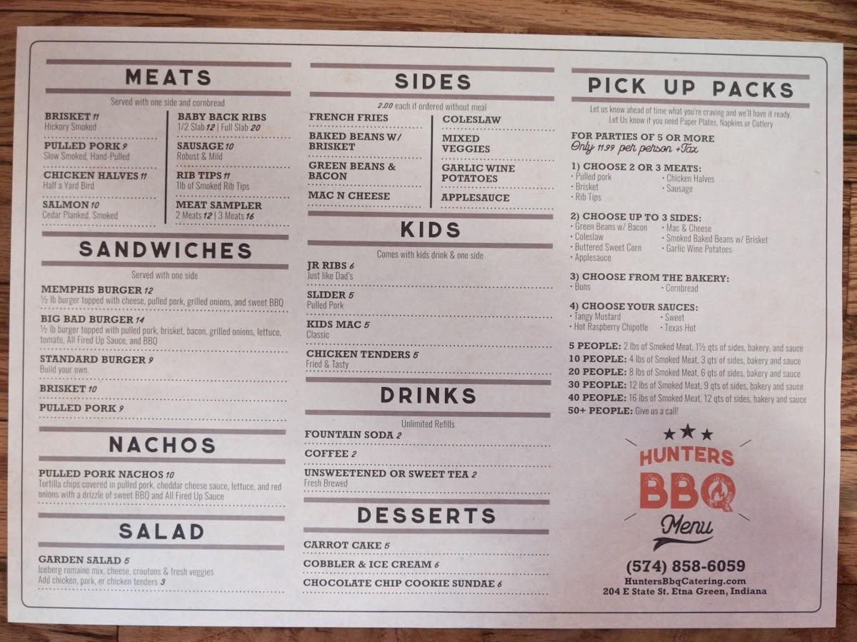 Menu at Hunter's BBQ Restaurant & Catering, Etna Green