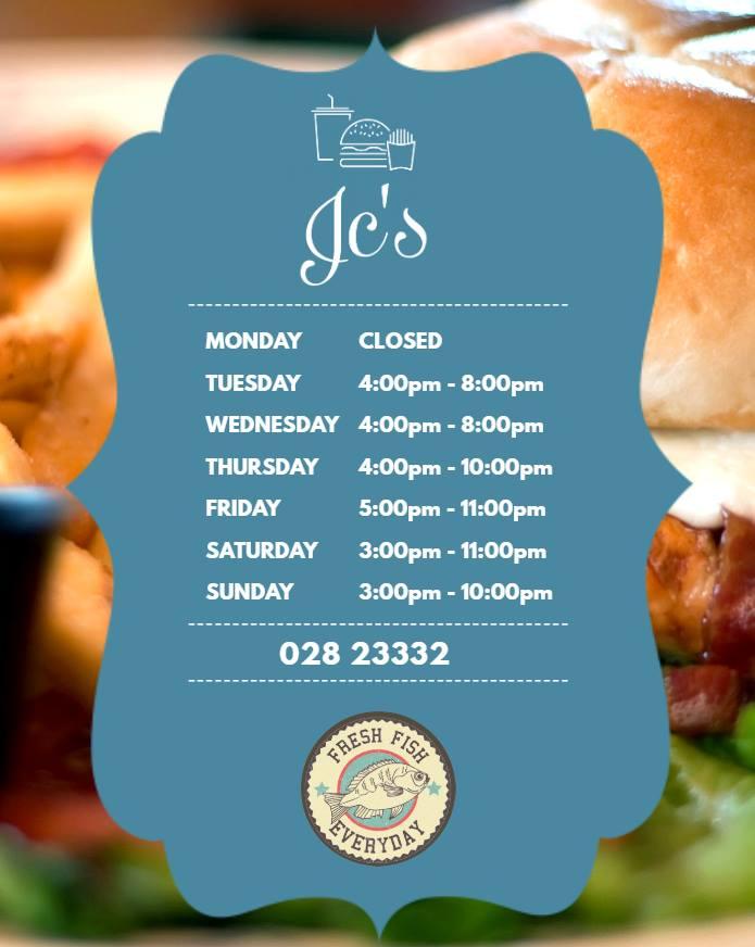 Menu at JC's Takeaway restaurant, Skibbereen