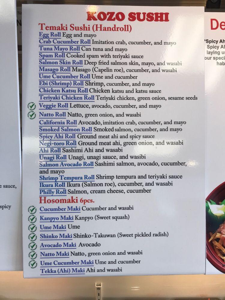 Menu at Kozo Sushi restaurant, Honolulu, S King St