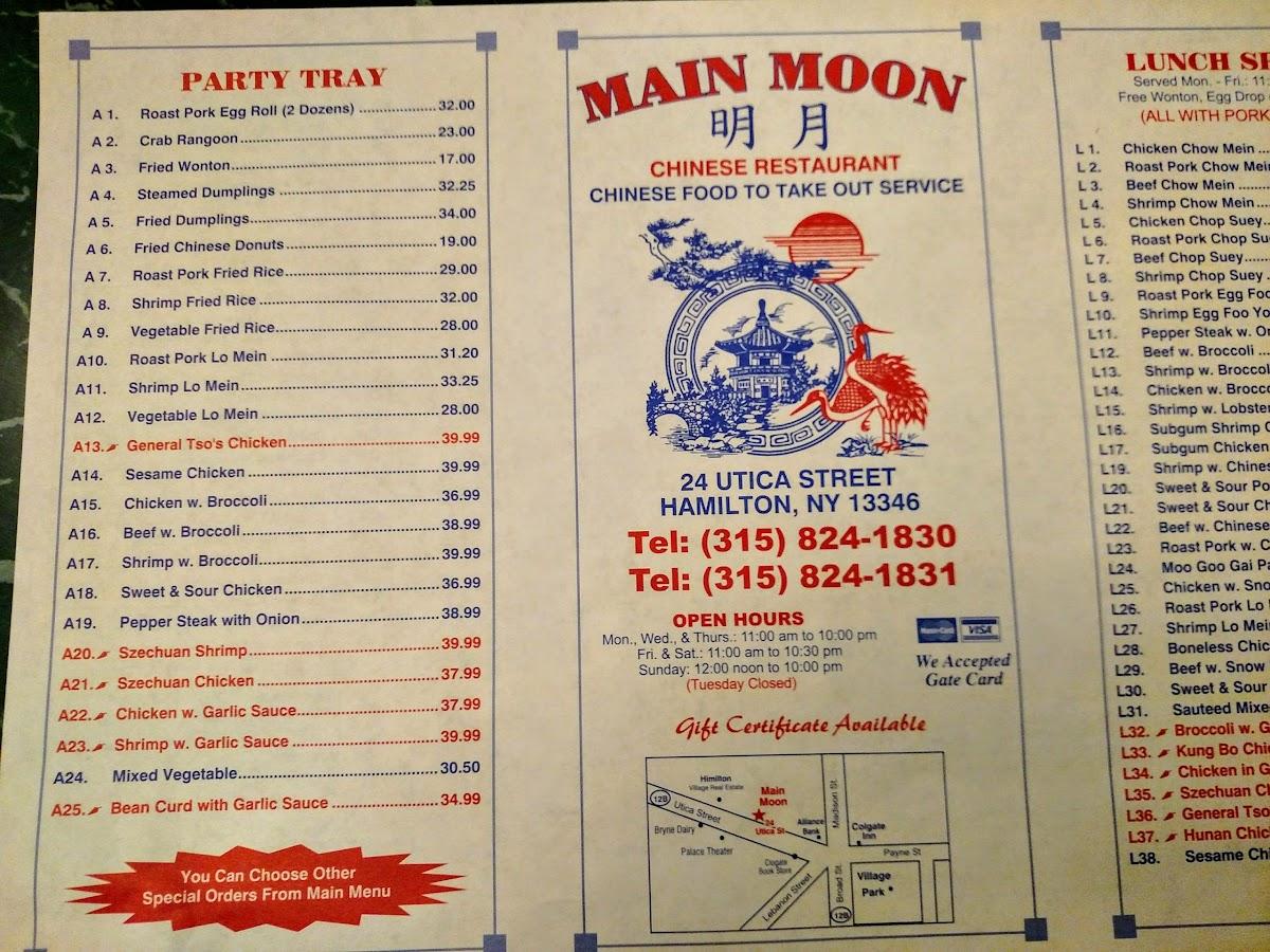Menu at Main Moon restaurant, Hamilton