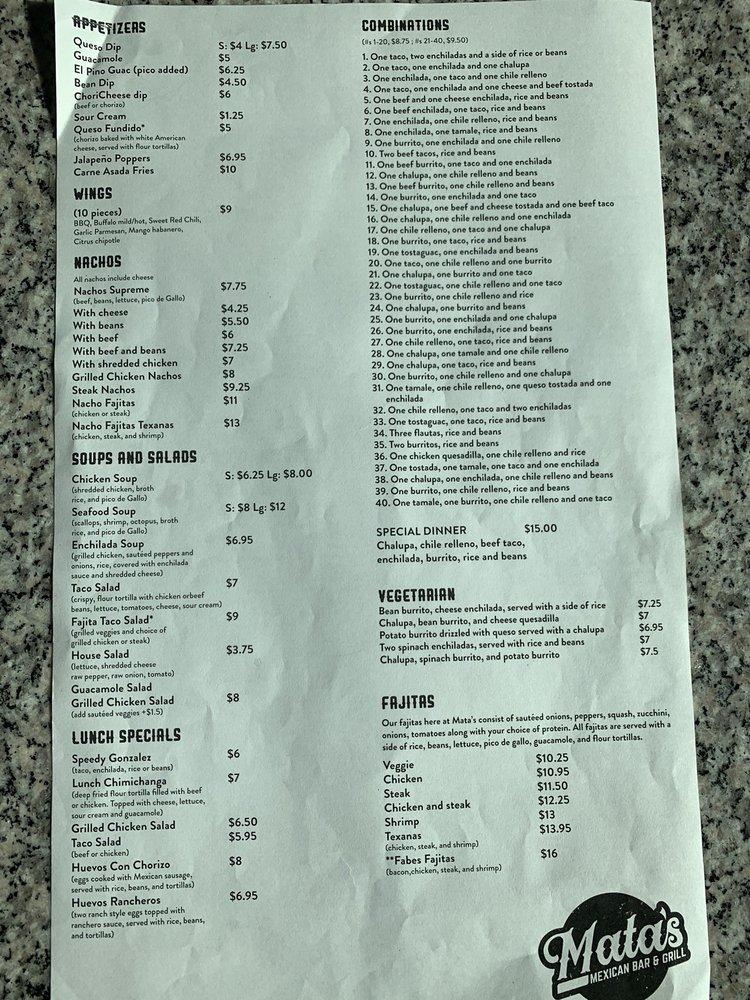 Menu at Mata's Mexican Bar and Grill, Spartanburg