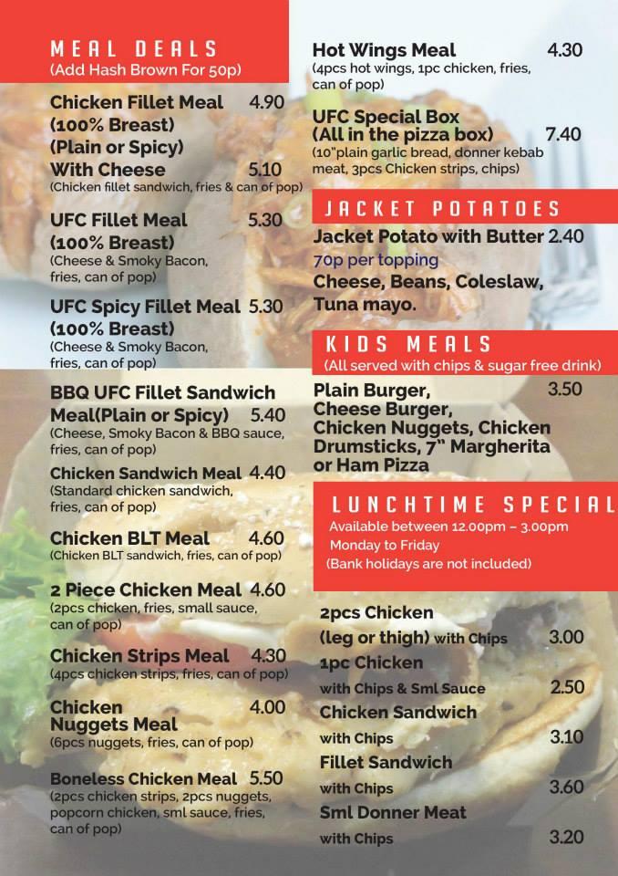 Menu at United Fried Chicken pizzeria, Braithwell