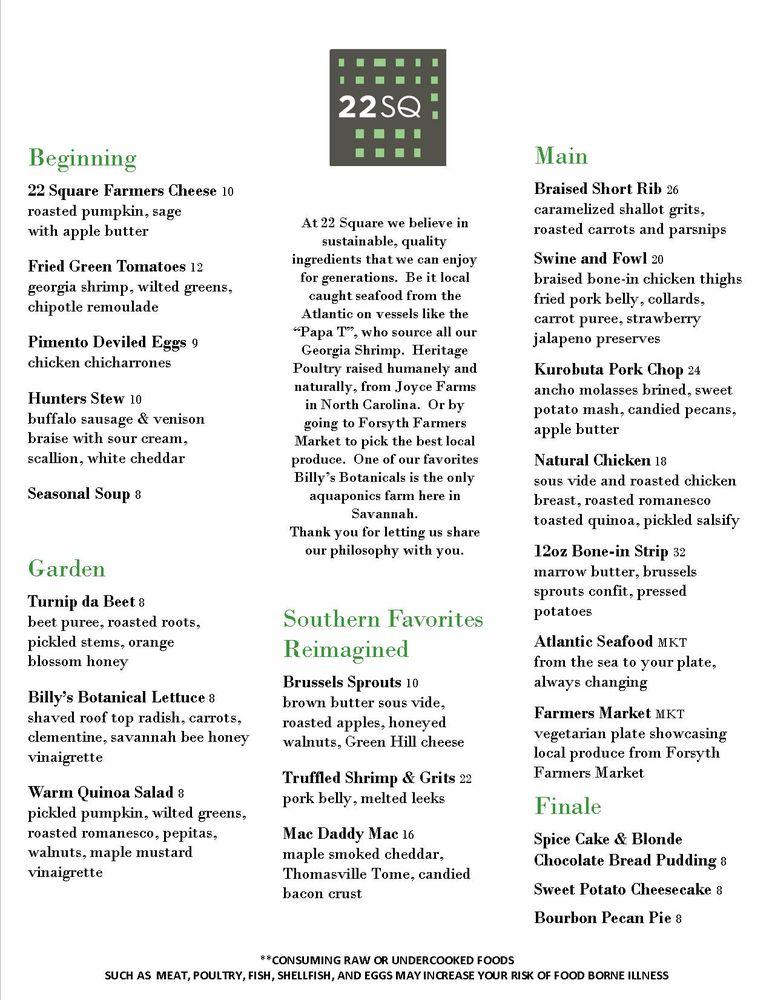 Menu at 22 Square Restaurant & Bar, Savannah
