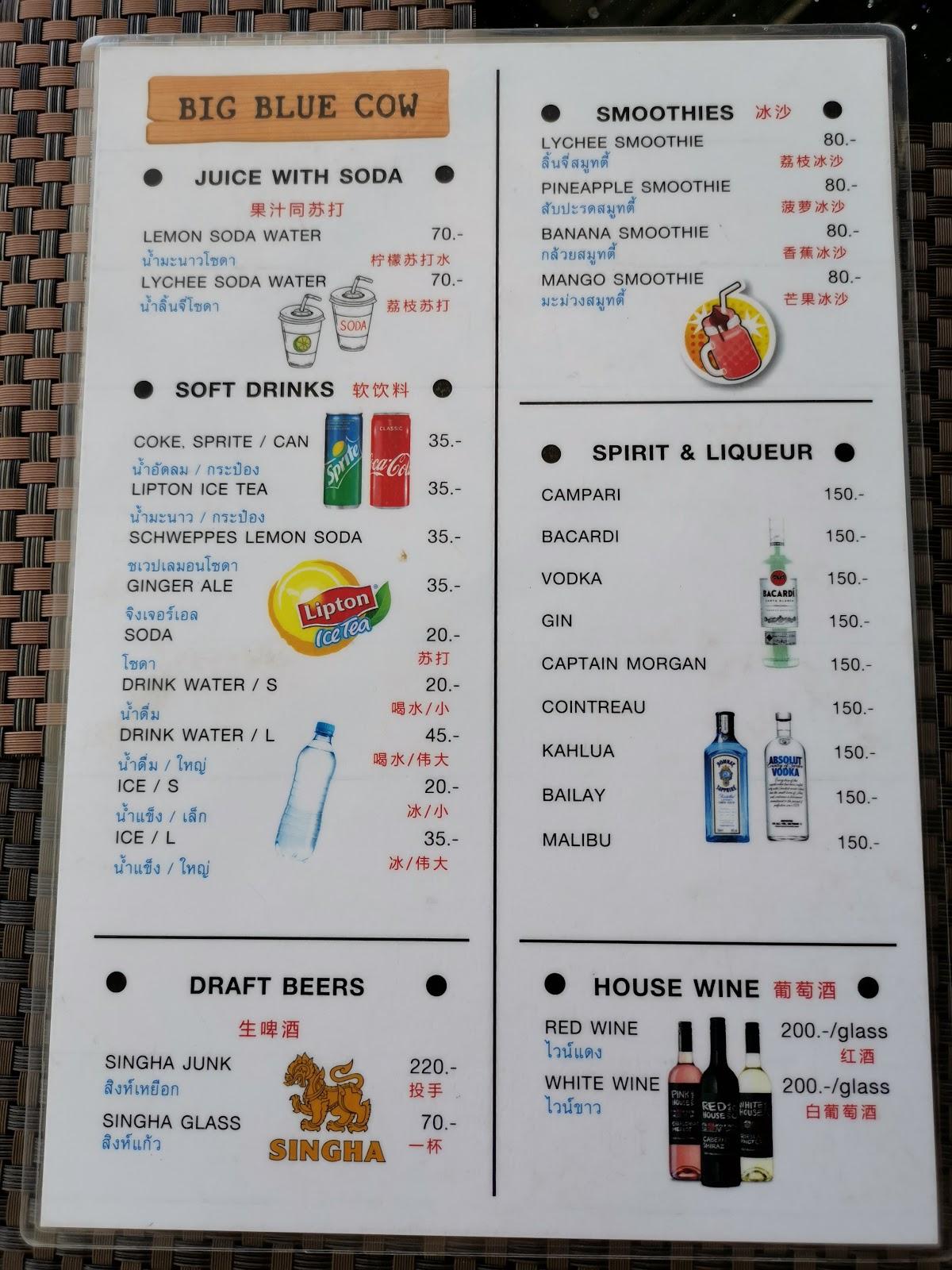 Carta de Big Blue Cow Restaurant, Choeng Thale