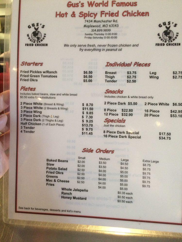Menu at Gus’s World Famous Fried Chicken restaurant, Maplewood
