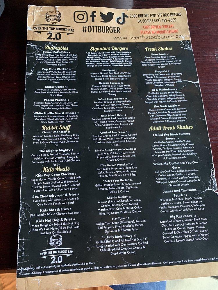 Carta de Over The Top Burger Bar, Buford