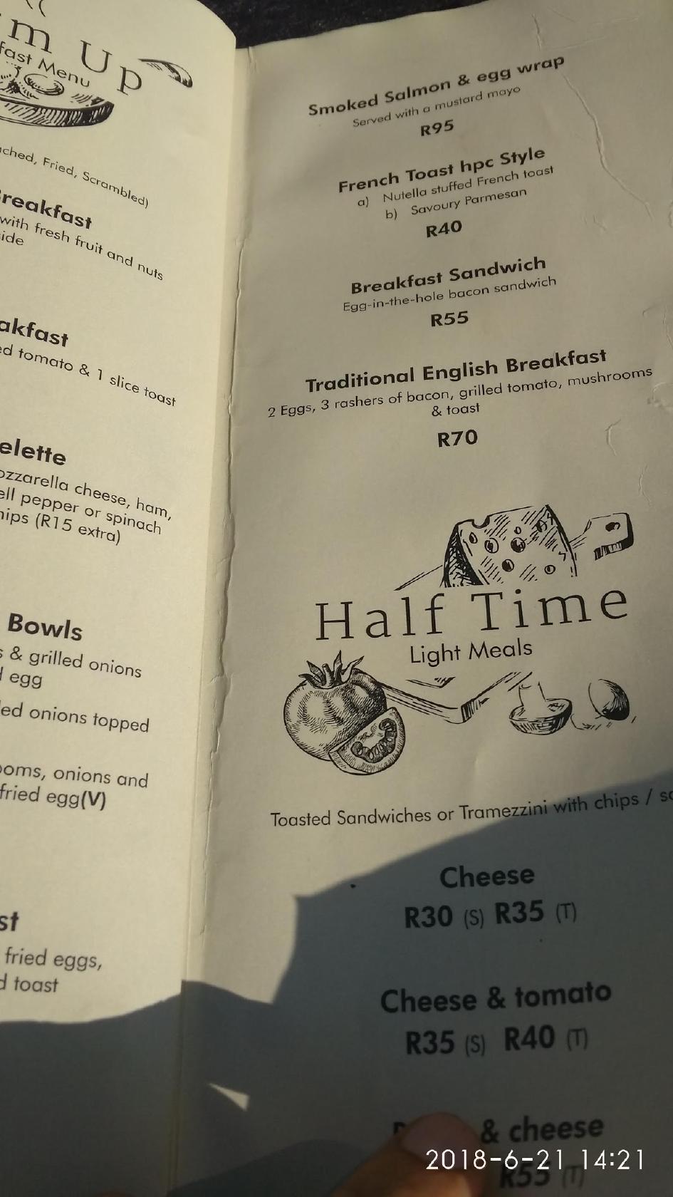 Menu at Time Out Cafe, Pretoria