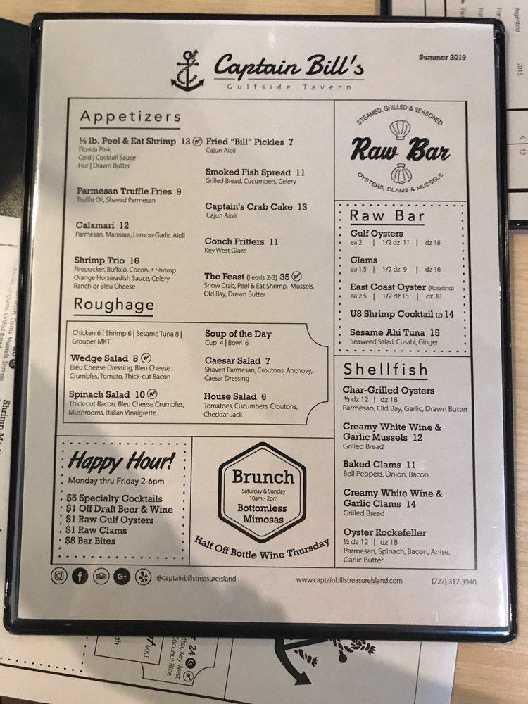 Menu at Captain Bill's Oyster Bar, Treasure Island