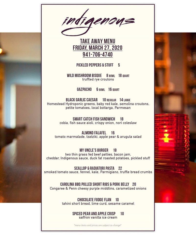 Menu at Indigenous Restaurant, Sarasota