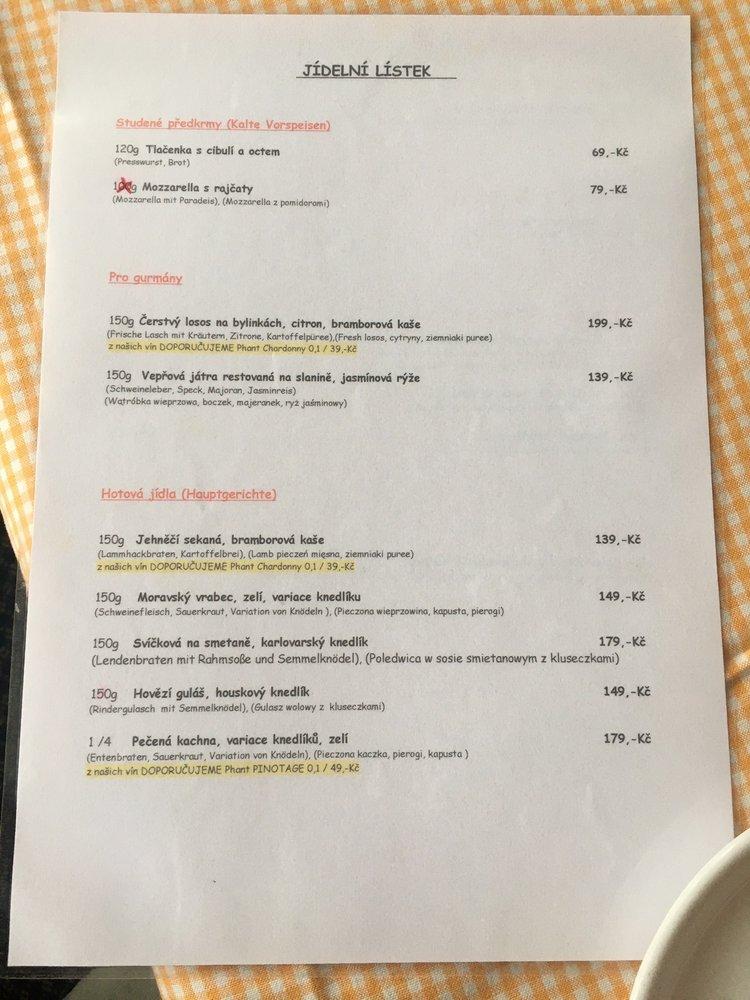 Menu at Moravská bouda restaurant, Špindlerův Mlýn